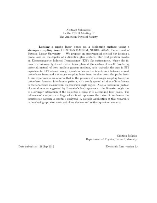 (PDF) Locking a probe laser beam on a dielectric surface using a ...