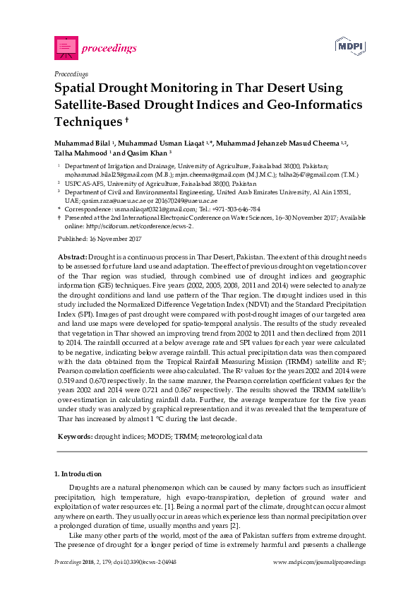 (PDF) Spatial Drought Monitoring in Thar Desert Using Satellite-Based Drought Indices and Geo ...
