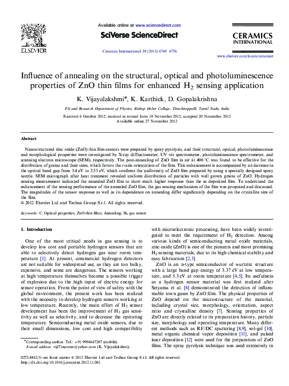 (PDF) Influence of annealing on the structural, optical and photoluminescence properties of ZnO ...