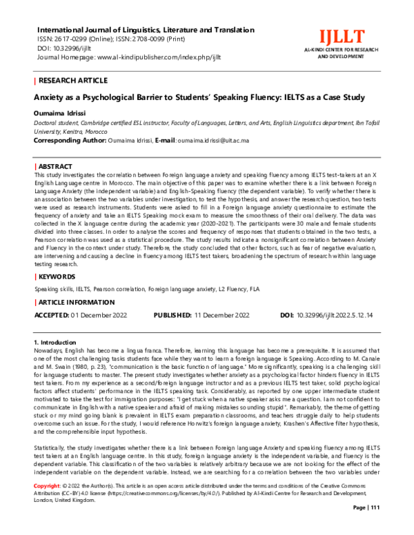 (PDF) Anxiety as a Psychological Barrier to Students' Speaking Fluency ...