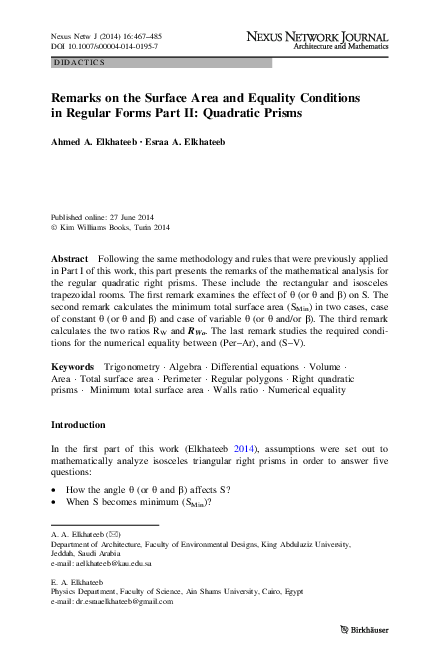 (PDF) Remarks on the Surface Area and Equality Conditions in Regular ...