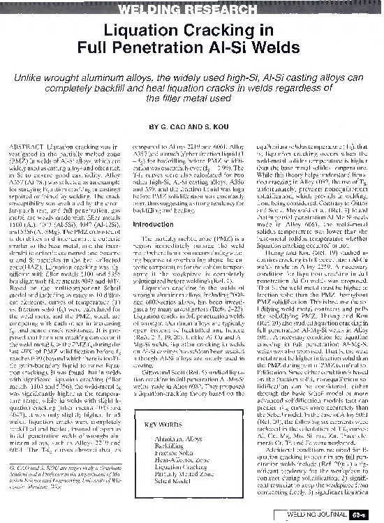 (PDF) Liquation cracking in full penetration Al-Si welds (PDF) Liquation cracking in full penetration Al-Si welds