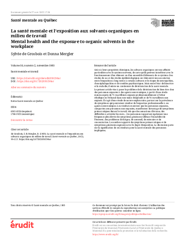 (PDF) La sant mentale et l'exposition aux solvants organiques en milieu ...