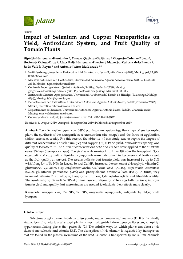 (PDF) Impact of Selenium and Copper Nanoparticles on Yield, Antioxidant System, and Fruit ...