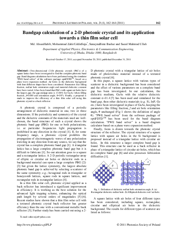 (PDF) Band gap calculation of 2-D photonic crystal and its application towards thin film solar cell