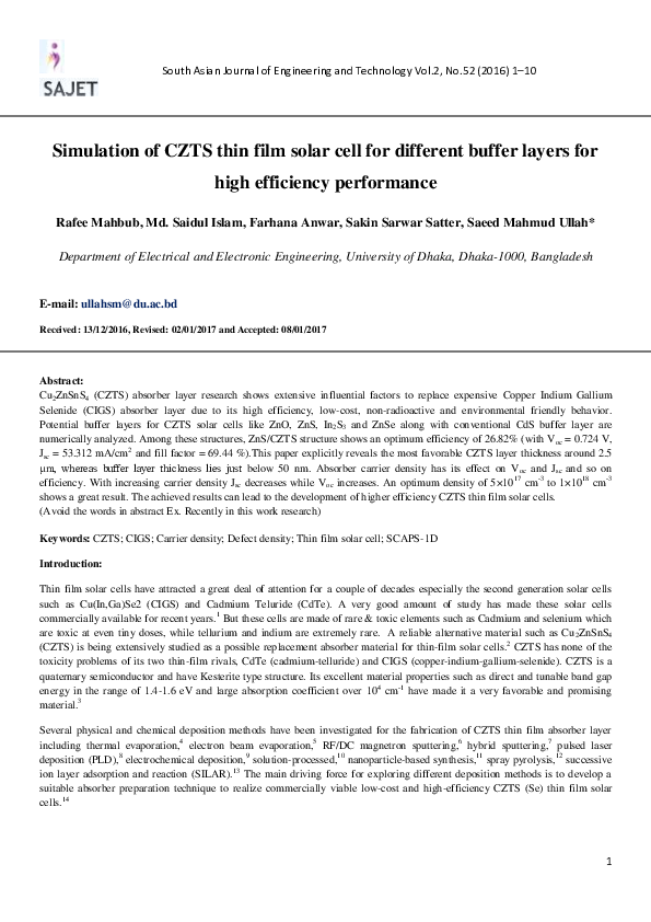 (PDF) Simulation of CZTS thin film solar cell for different buffer ...