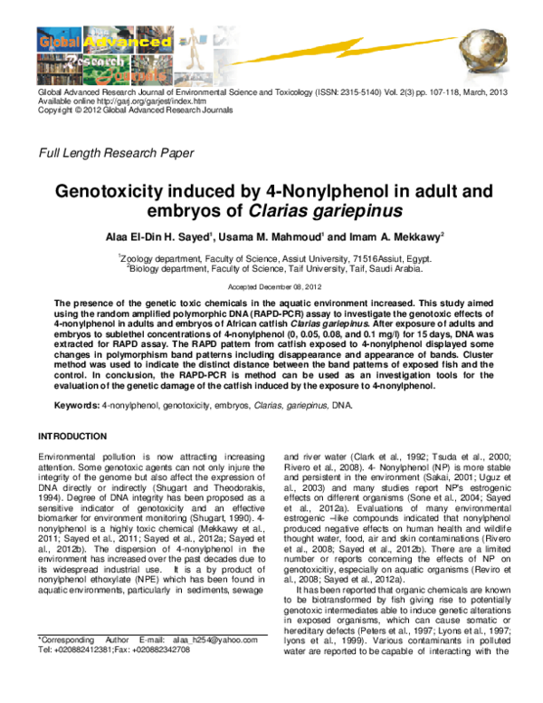 (PDF) Genotoxicity induced by 4-Nonylphenol in adult and embryos of Clarias gariepinus