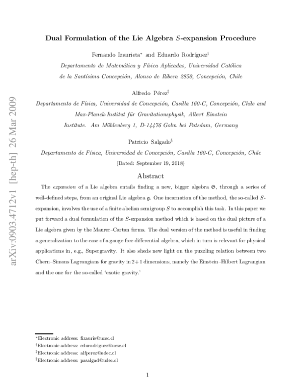 (PDF) Dual formulation of the Lie algebra S-expansion procedure | Eduardo Omar Rodriguez ...