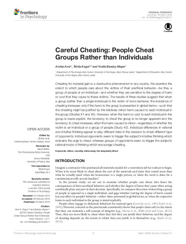 (PDF) Careful Cheating: People Cheat Groups Rather than Individuals