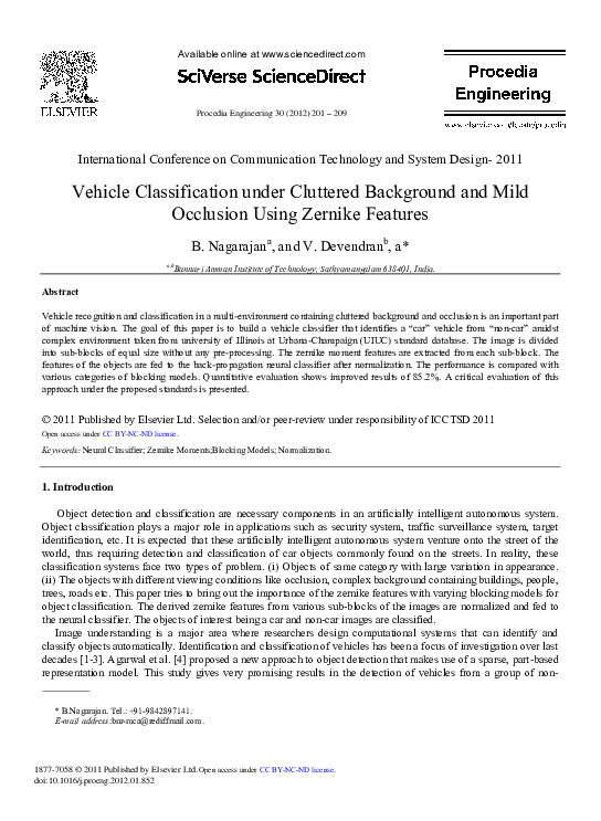 (PDF) Vehicle Classification under Cluttered Background and Mild Occlusion Using Zernike Features