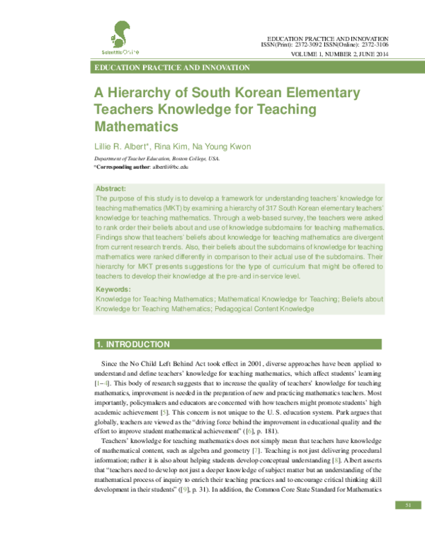 (PDF) A Hierarchy of South Korean Elementary Teachers’ Knowledge for ...