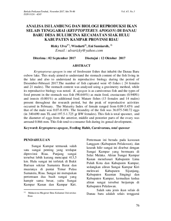 (PDF) Analisa Isi Lambung Dan Biologi Reproduksi Ikan Selais Tenggarai ...
