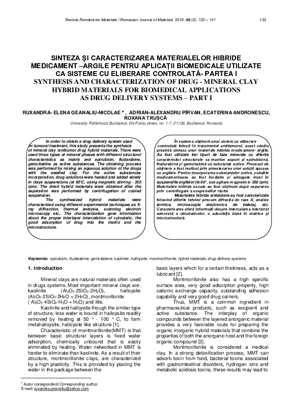(PDF) Sinteza Și Caracterizarea Materialelor Hibride Medicament-Argile Pentru Aplicații ...
