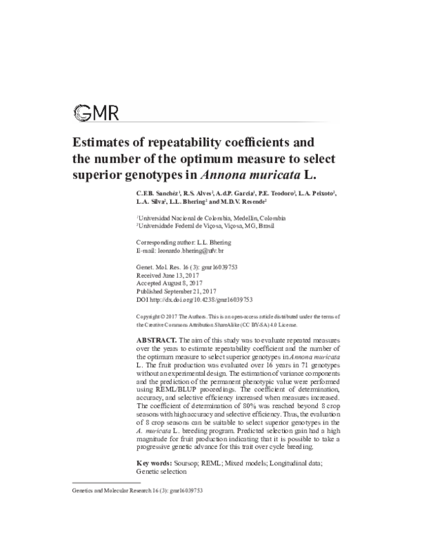 (PDF) Estimates of repeatability coefficients and the number of the ...
