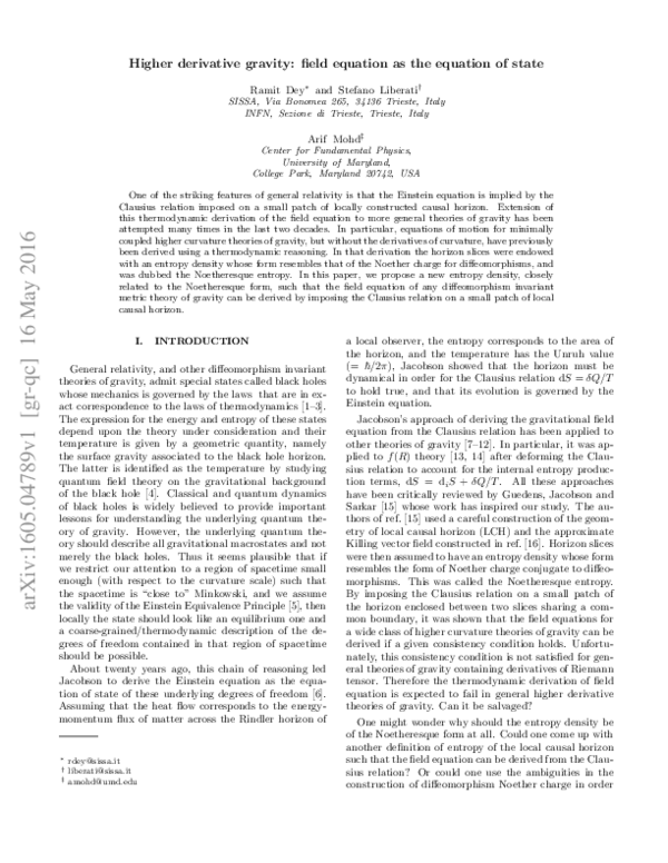 (PDF) Higher derivative gravity: Field equation as the equation of state