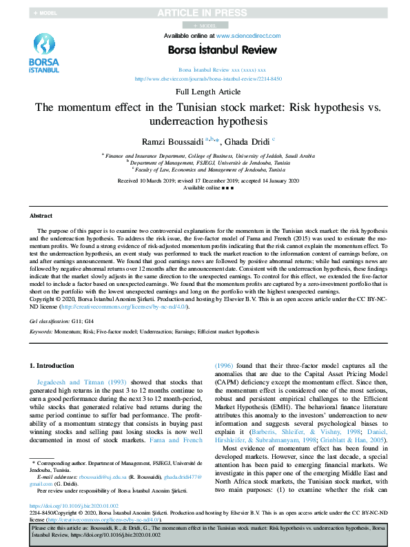 (PDF) The momentum effect in the Tunisian stock market: Risk hypothesis ...
