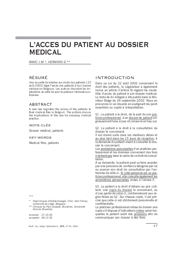 (PDF) L'Acces Du Patient Au Dossier Medical | Philippe Ducor - Academia.edu