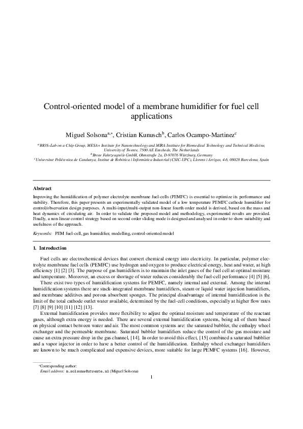 (PDF) Control-oriented model of a membrane humidifier for fuel cell applications