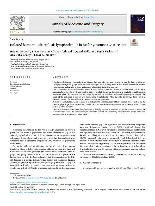 (PDF) Isolated humeral tuberculosis lymphadenitis in healthy woman: Case report