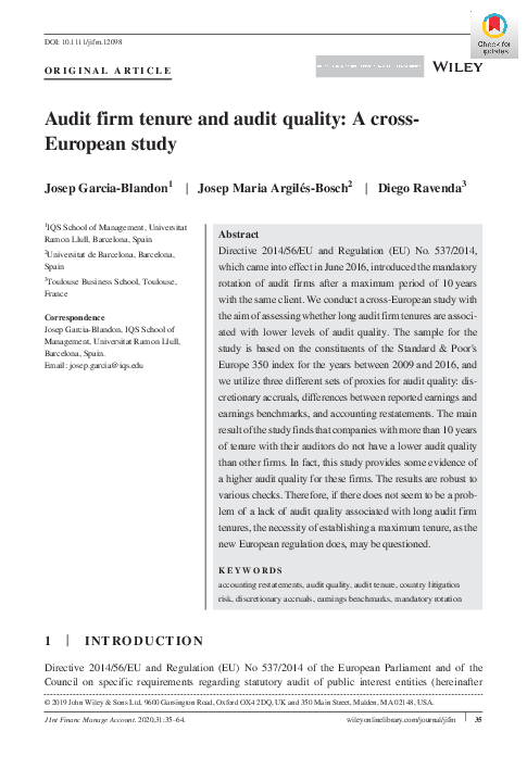 (PDF) Audit firm tenure and audit quality: A cross‐European study