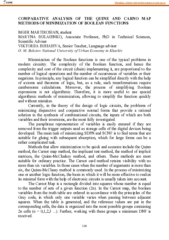 (PDF) Comparative Analysis of the Quine and Carno Map Methods of Minimization of Boolean Functions