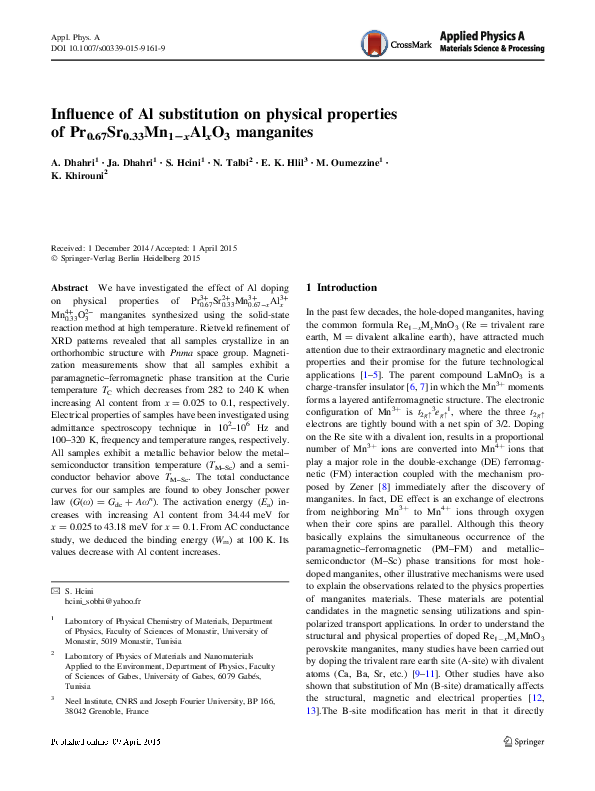 (PDF) Influence of Al substitution on physical properties of Pr0.67Sr0 ...