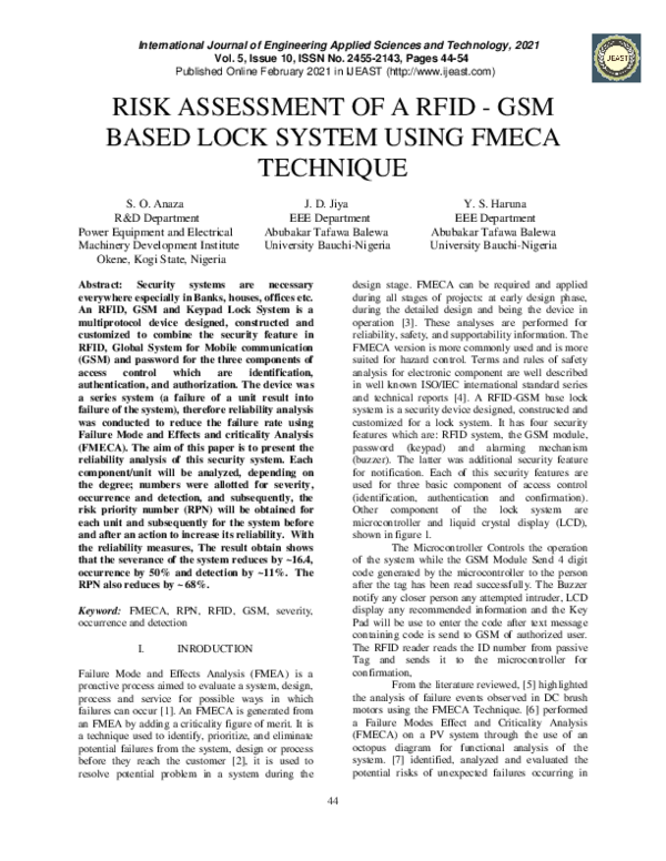 (PDF) Risk Assessment of a Rfid - GSM Based Lock System Using Fmeca ...