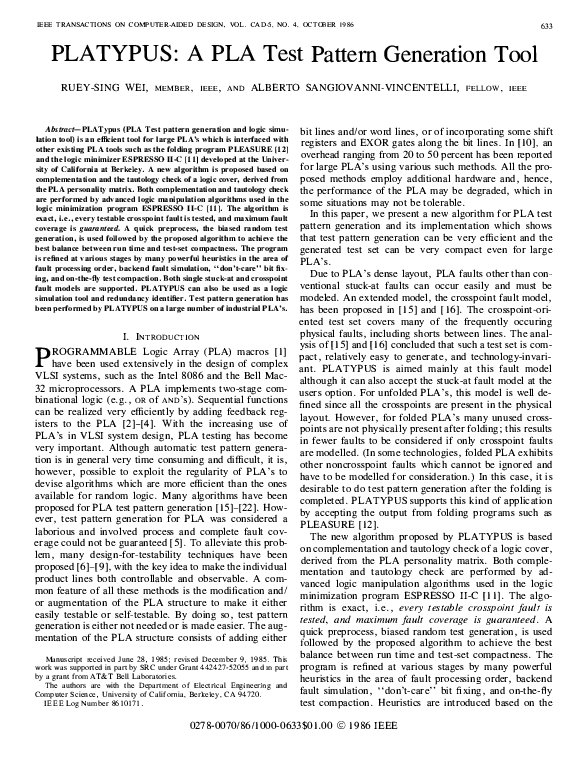 (PDF) PLATYPUS: A PLA Test Pattern Generation Tool