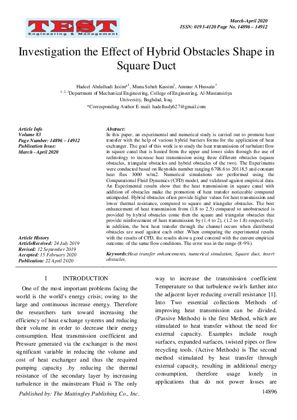 (PDF) Investigation the Effect of Hybrid Obstacles Shape in Square Duct ...