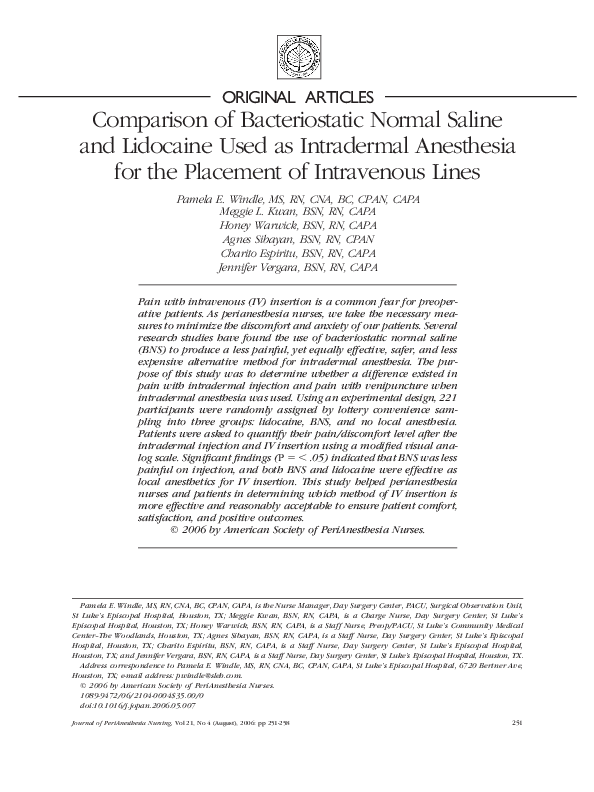 (PDF) Comparison of Bacteriostatic Normal Saline and Lidocaine Used as ...