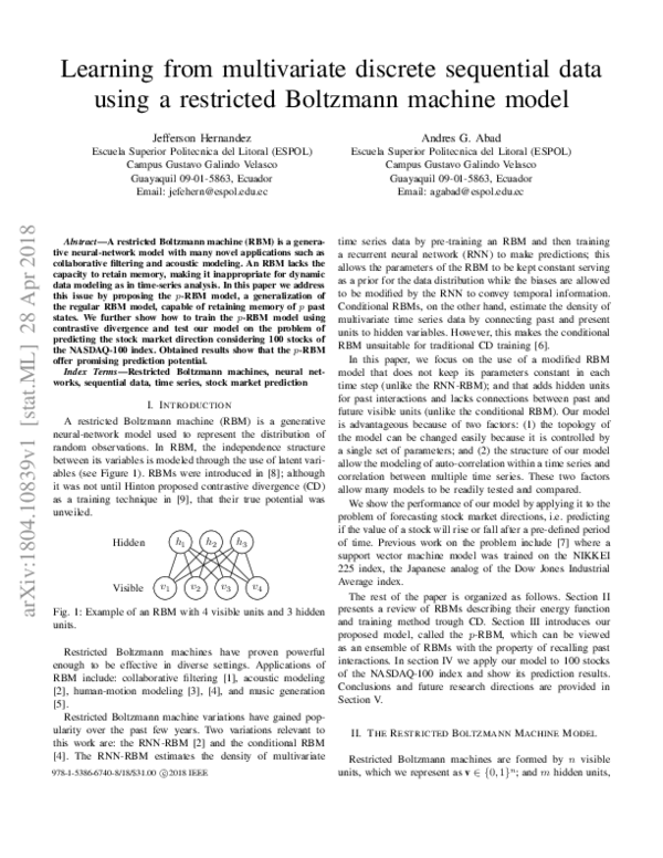 Pdf Learning From Multivariate Discrete Sequential Data Using A Restricted Boltzmann Machine Model