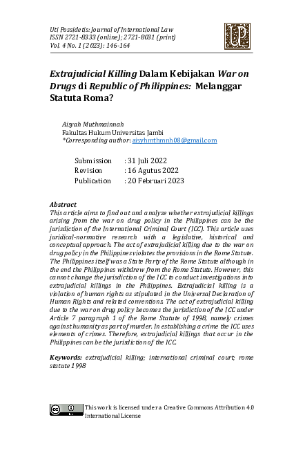 (PDF) Extrajudicial Killing Dalam Kebijakan War on Drugs di Republic of Philippines: Melanggar ...