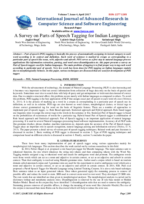 (PDF) A Survey on Parts of Speech Tagging for Indian Languages