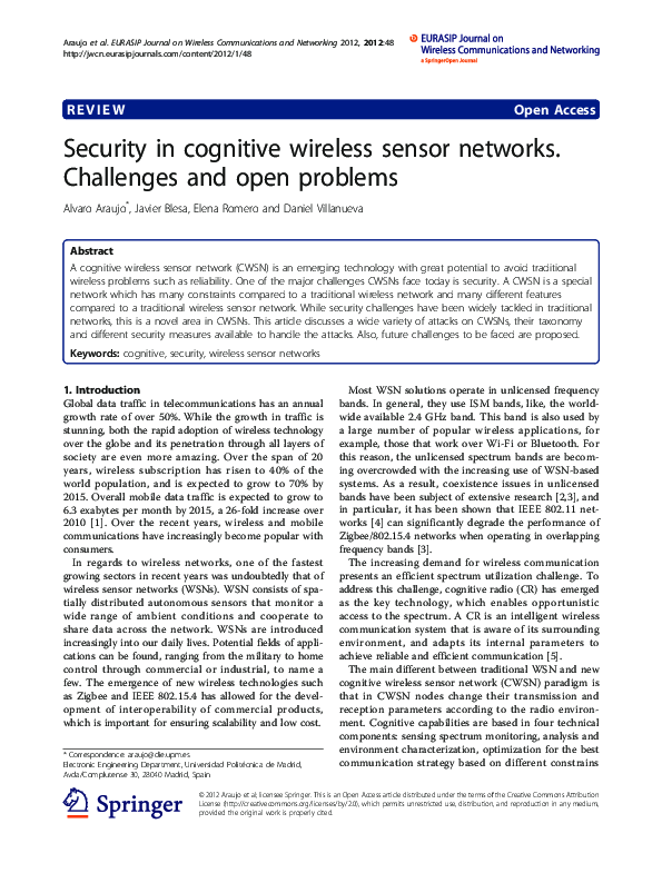 (PDF) Security in cognitive wireless sensor networks. Challenges and open problems | daniel ...