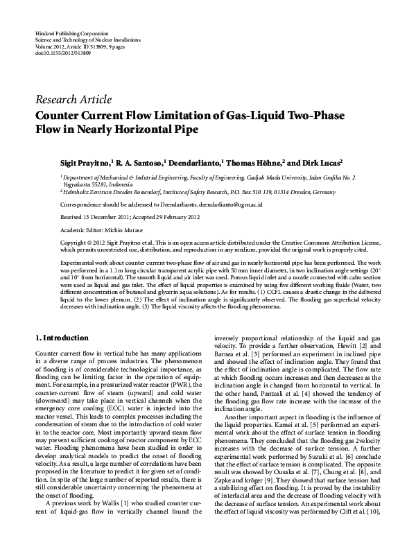 Pdf Counter Current Flow Limitation Of Gas Liquid Two Phase Flow In