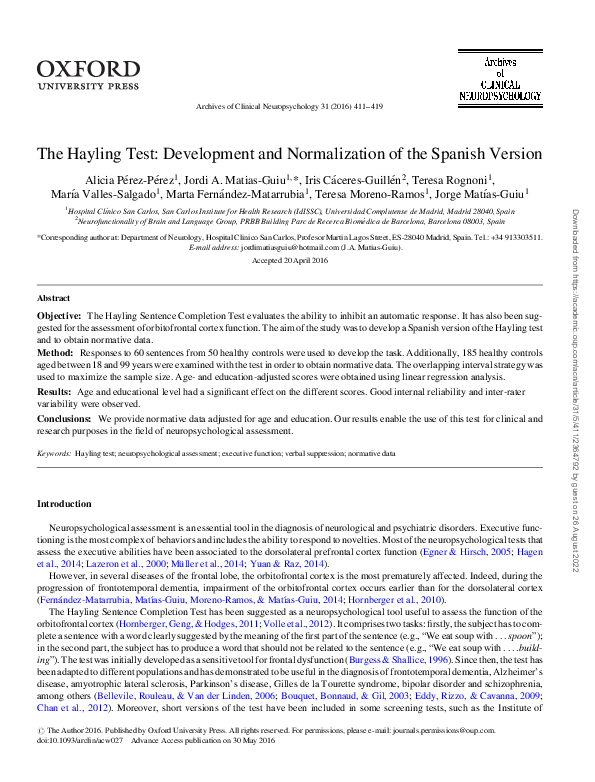 (PDF) The Hayling Test: Development and Normalization of the Spanish ...