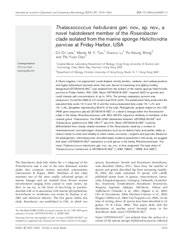 (PDF) Thalassococcus halodurans gen. nov., sp. nov., a novel ...