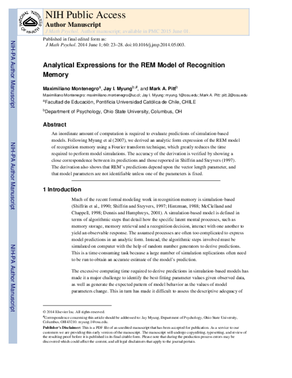 (PDF) Analytical expressions for the REM model of recognition memory