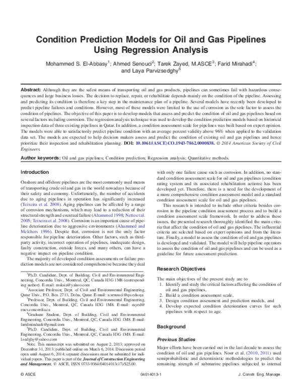 (PDF) Condition Prediction Models for Oil and Gas Pipelines Using Regression Analysis