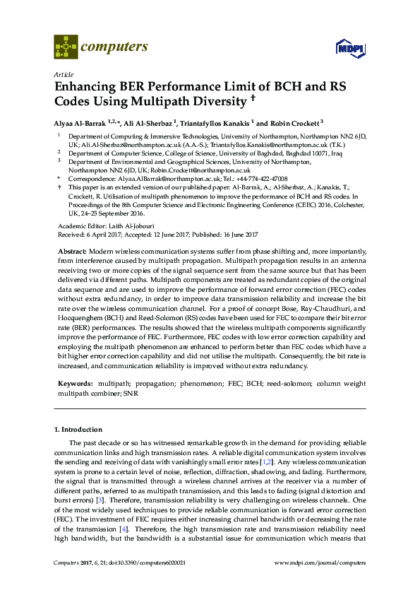 (PDF) Enhancing BER Performance Limit of BCH and RS Codes Using Multipath Diversity | Dr. Alyaa ...