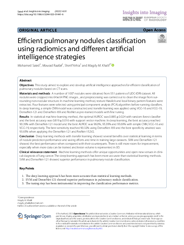 Pdf Efficient Pulmonary Nodules Classification Using Radiomics And Different Artificial