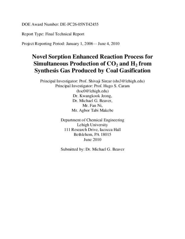 (PDF) Novel Sorption Enhanced Reaction Process for Simultaneous ...