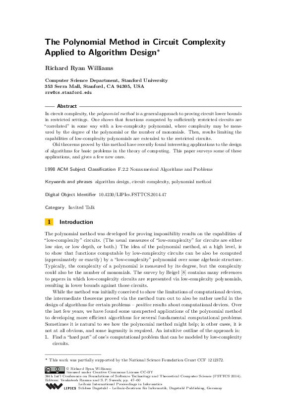 (PDF) The Polynomial Method in Circuit Complexity Applied to Algorithm ... (PDF) The Polynomial Method in Circuit Complexity Applied to Algorithm ...