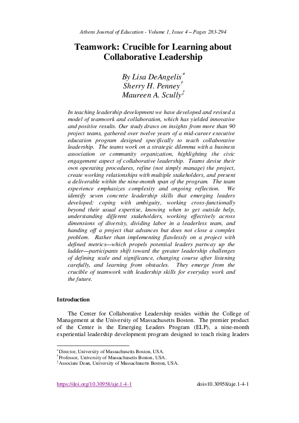 (PDF) Teamwork: Crucible for Learning about Collaborative Leadership
