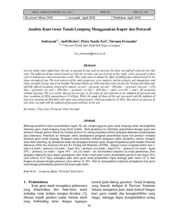 (PDF) Analisis Kuat Geser Tanah Lempung menggunakan Kapur dan Petrasoil