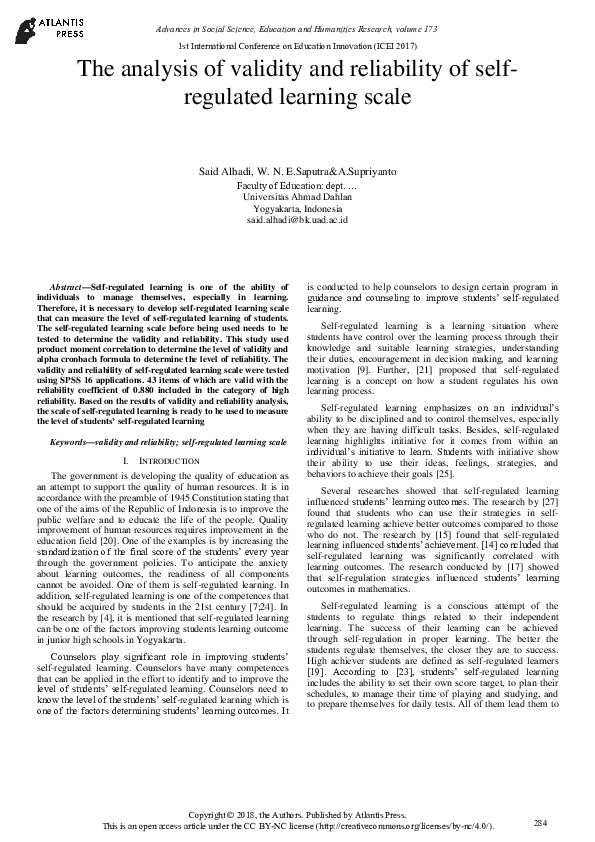 (PDF) The analysis of validity and reliability of self-regulated ...