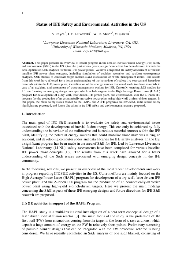 (PDF) Status of IFE safety and environmental activities in the US