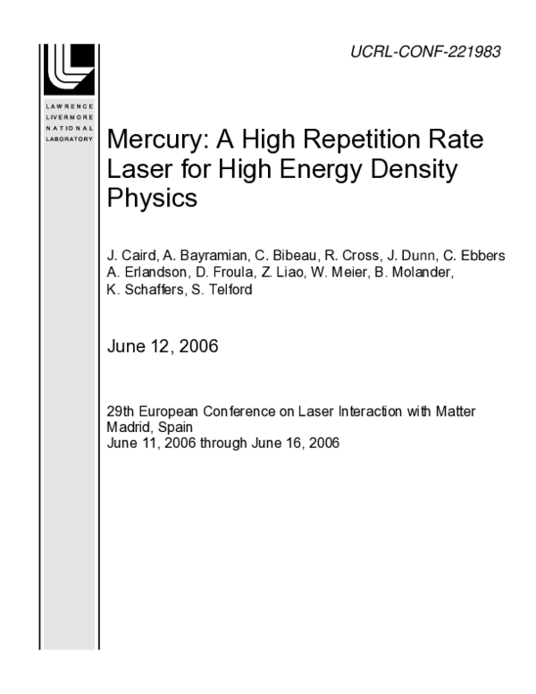 (PDF) Mercury: A High Repetition Rate Laser for High Energy Density Physics