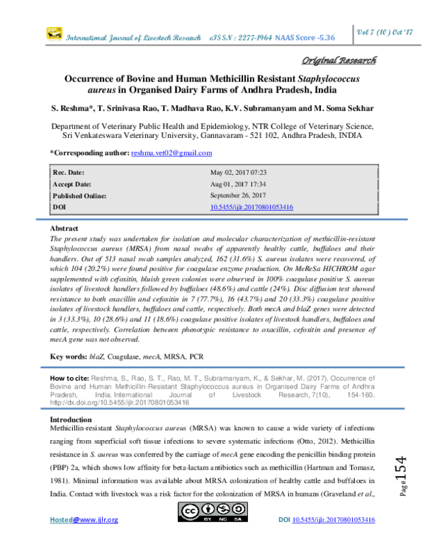 (PDF) Occurrence of Bovine and Human Methicillin-Resistant Staphylococcus aureus in Organised ...