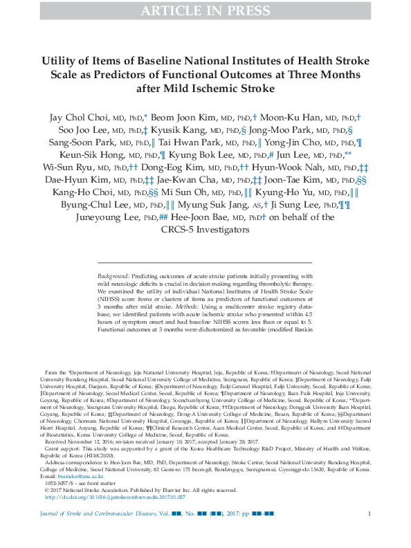 (PDF) Utility of Items of Baseline National Institutes of Health Stroke ...